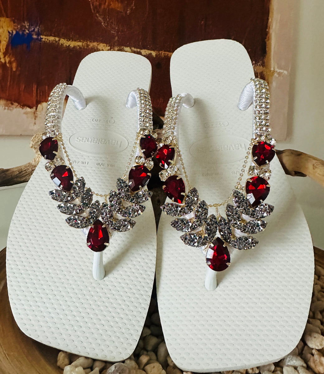 Red Crystal Flip Flop Handmade Gold Chain Rhinestone Sandal Elegant Wh ...